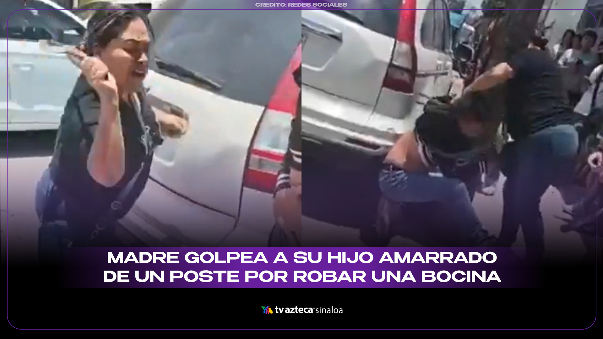 Madre golpea a su hijo amarrado en un poste por robar una bocina (VIDEO)