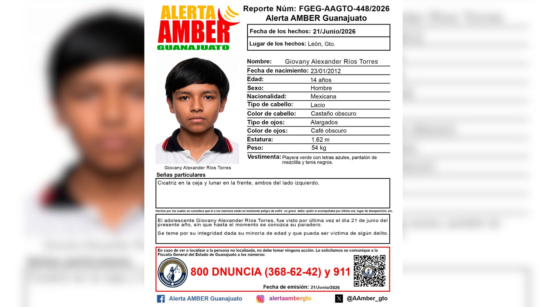 Activan ALERTA AMBER para localizar a Giovany Alexander Ríos Torres en León